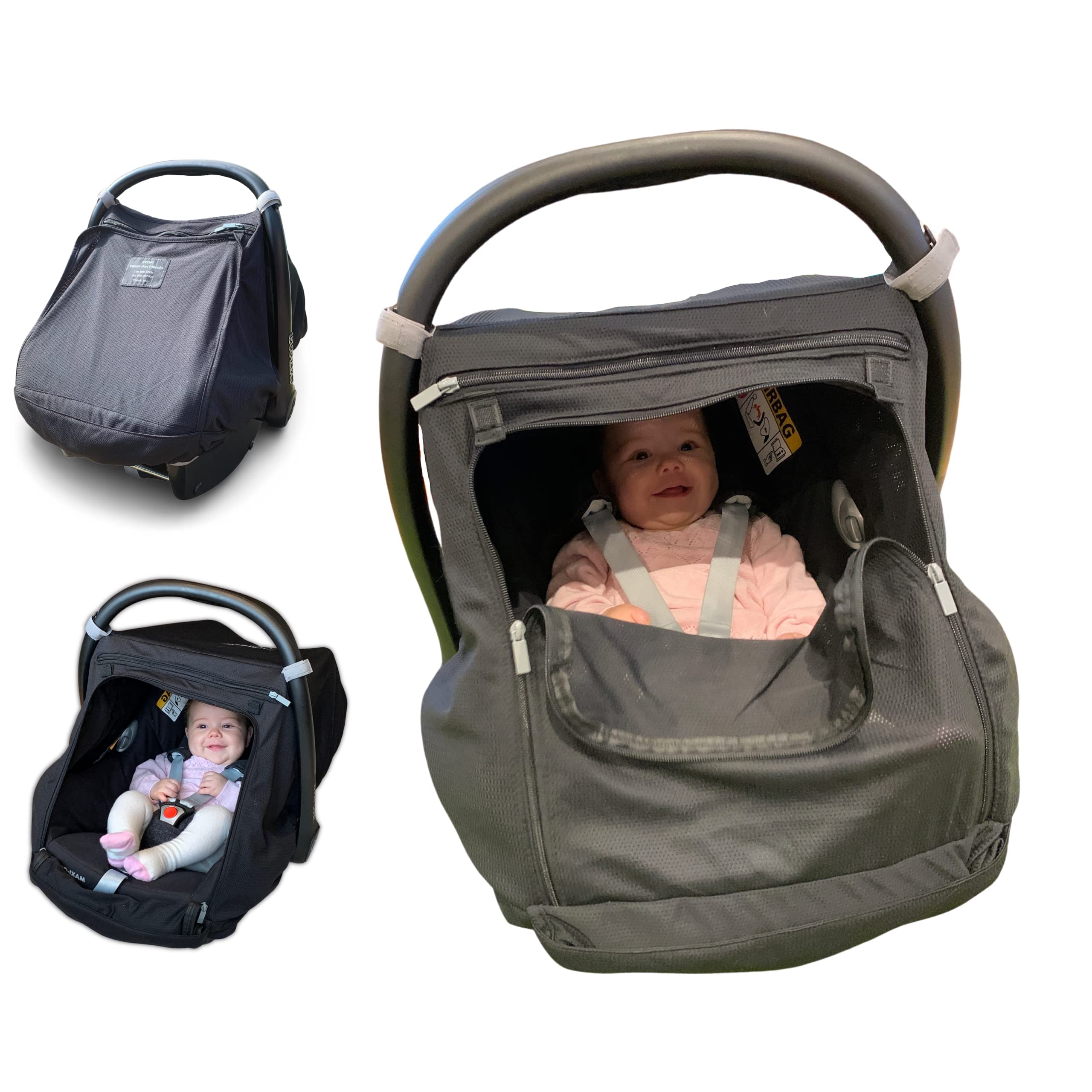 Universal Baby Car Seat Sun & Sleep Cover | Unisex Air-Permeable Mesh Baby Car Seat Canopy | Blocks 99% of UV | Don't Touch Baby Sign Included
