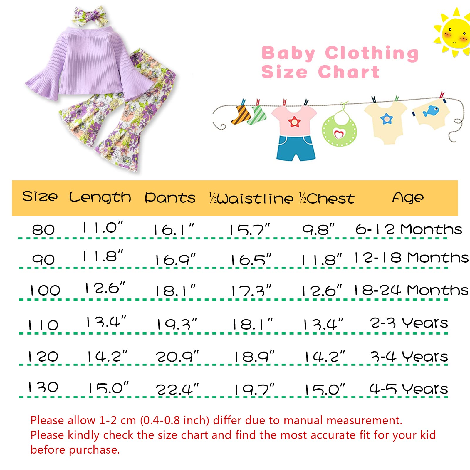 AIKEIDY Toddler Girl Clothes Baby Fall Winter 3-4T Clothes Infant Flared Top + Bell Bottom Pants + Headband 3 PCS Outfits Set
