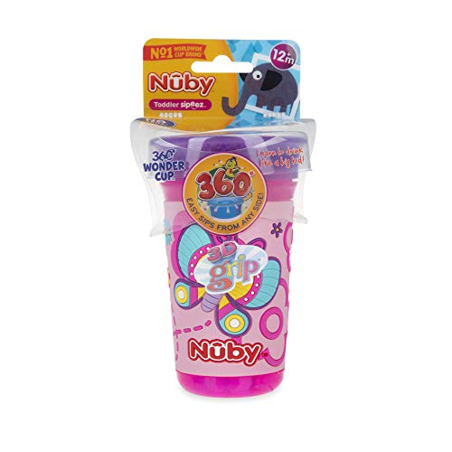 Nuby 360 Degree Easy Sip 3D Grip Wonder Cup with Printed Silicone Sleeve, Purple, Butterfly, 10 Oz