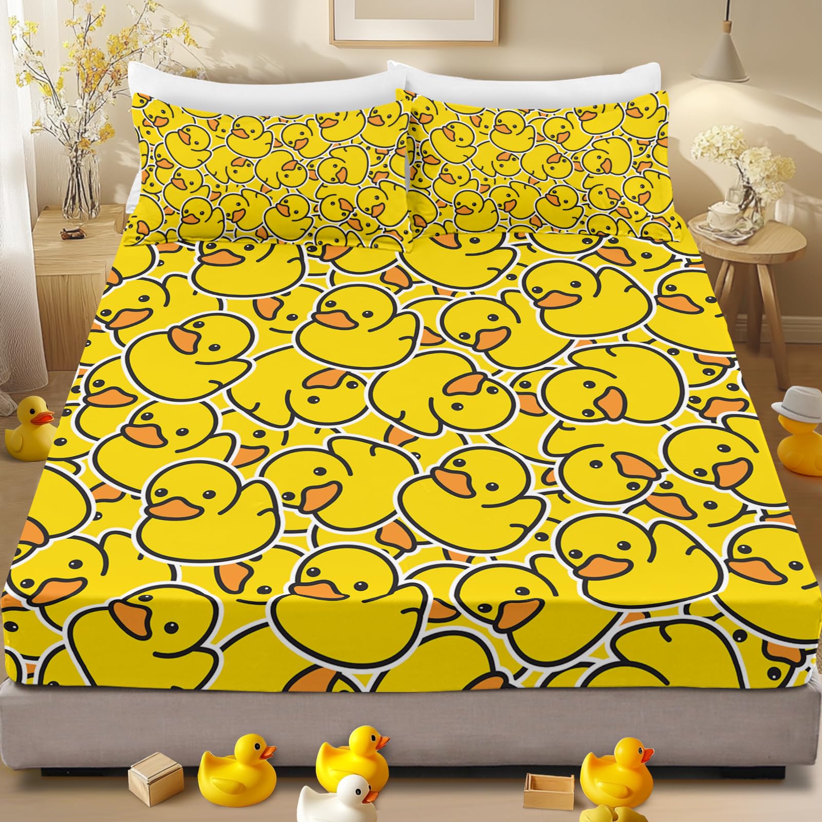ARIGHTEX Yellow Rubber Duck Fitted Bed Sheet Set Kids Soft Microfiber Breathable Bedding All-Round Elastic Pocket 3 Pieces Fitted Sheet Set for Boys and Girls (Twin)