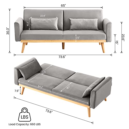 AWQM Velvet Futon Sofa Bed, Memory Foam Couch Set, Upholstered Modern Daybed Convertible Folding Loveseat Recliner with Pillows and Wooden Frame for Compact Living Room, Apartment, Dorm, Office (Grey)