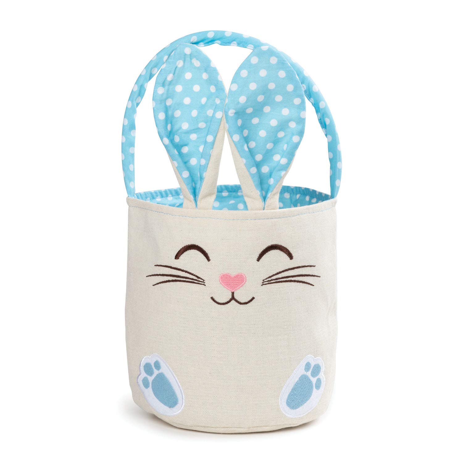 Personalized Bunny Ears Bucket Bag with Custom Name | Blue Polka Dot Liner Easter Bag with Handle | Soft Egg Basket for Kids | Customized Easter Basket | Great for Book and Toy Storage