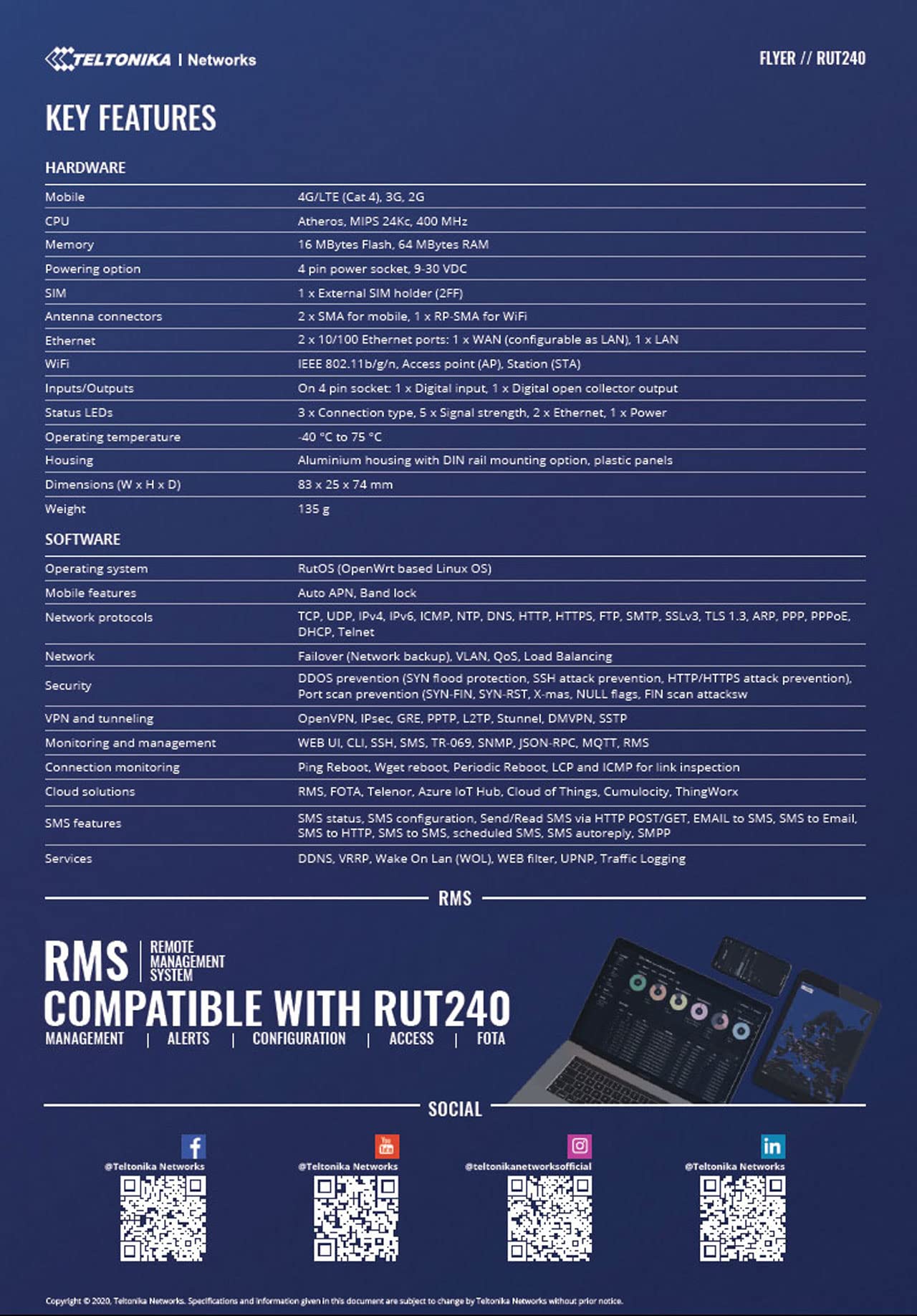 Teltonika RUT240 4G /LTE & WiFi Cellular Router with Ethernet and I/O - Verizon - RUT24002U000