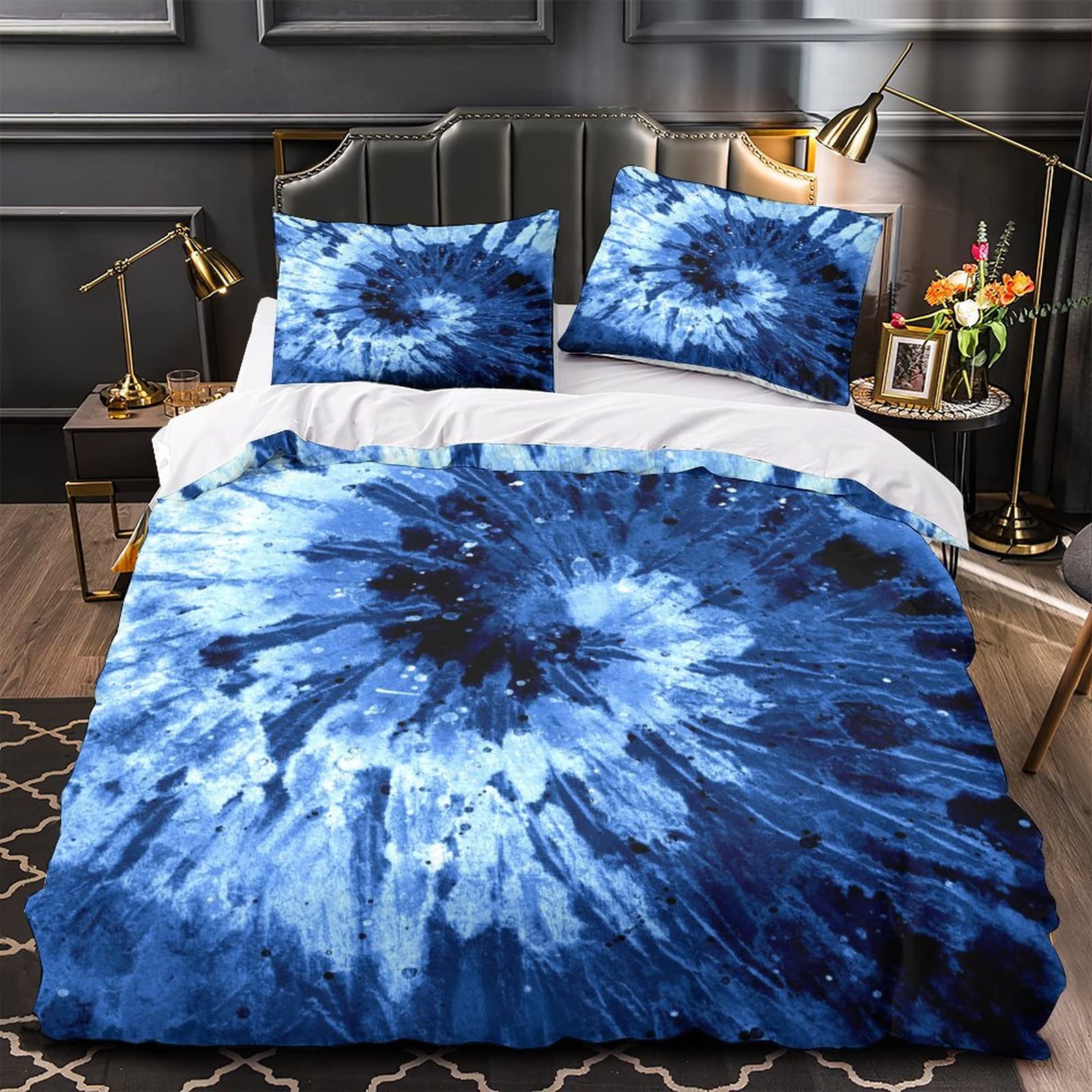 Blue Tie Dye Bedding Set Blue Tie Dye Bedding Cover Spiral Tie Dyed Printed Bed Comforter Cover Set,Boho Bohemian Hippie Bedding Sets Full Size Abstract Printed Quilt Cover Full(203x228cm)