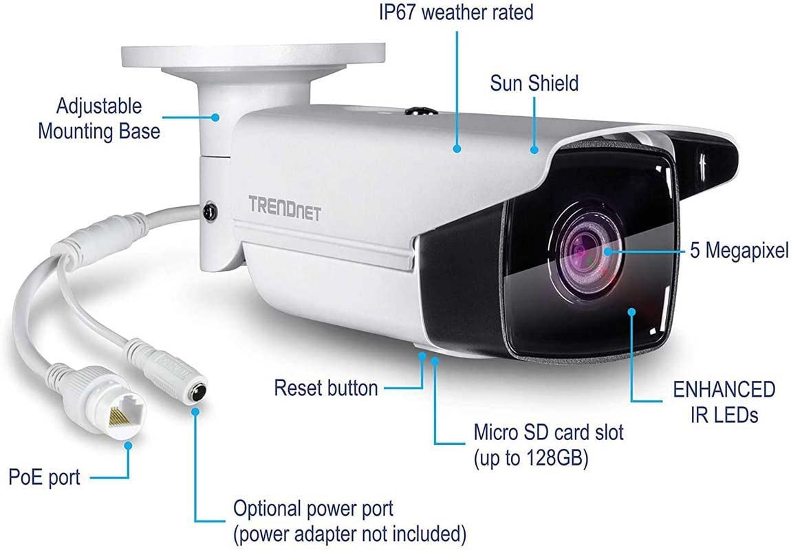 TRENDnet Indoor/Outdoor 5MP H.265 120dB WDR PoE Network Camera, TV-IP1313PI, IP67 Weather Rated Housing, Long-Range Enhanced IR Night Vision up to 80m (262 ft.), Micro SD Card Slot