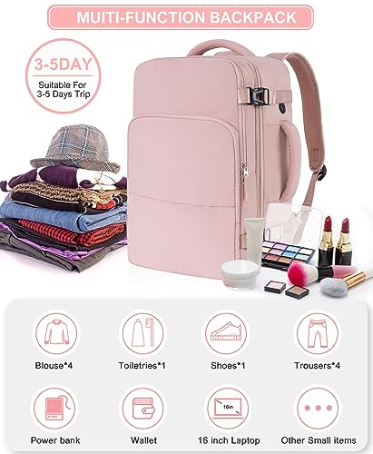 Beraliy Travel Backpack, Airline Approved Personal Item Bag, Carry On Backpack for Women,Lightweight Weekender Bag, Laptop Backpack Hiking Business Casual Daypack, Pink
