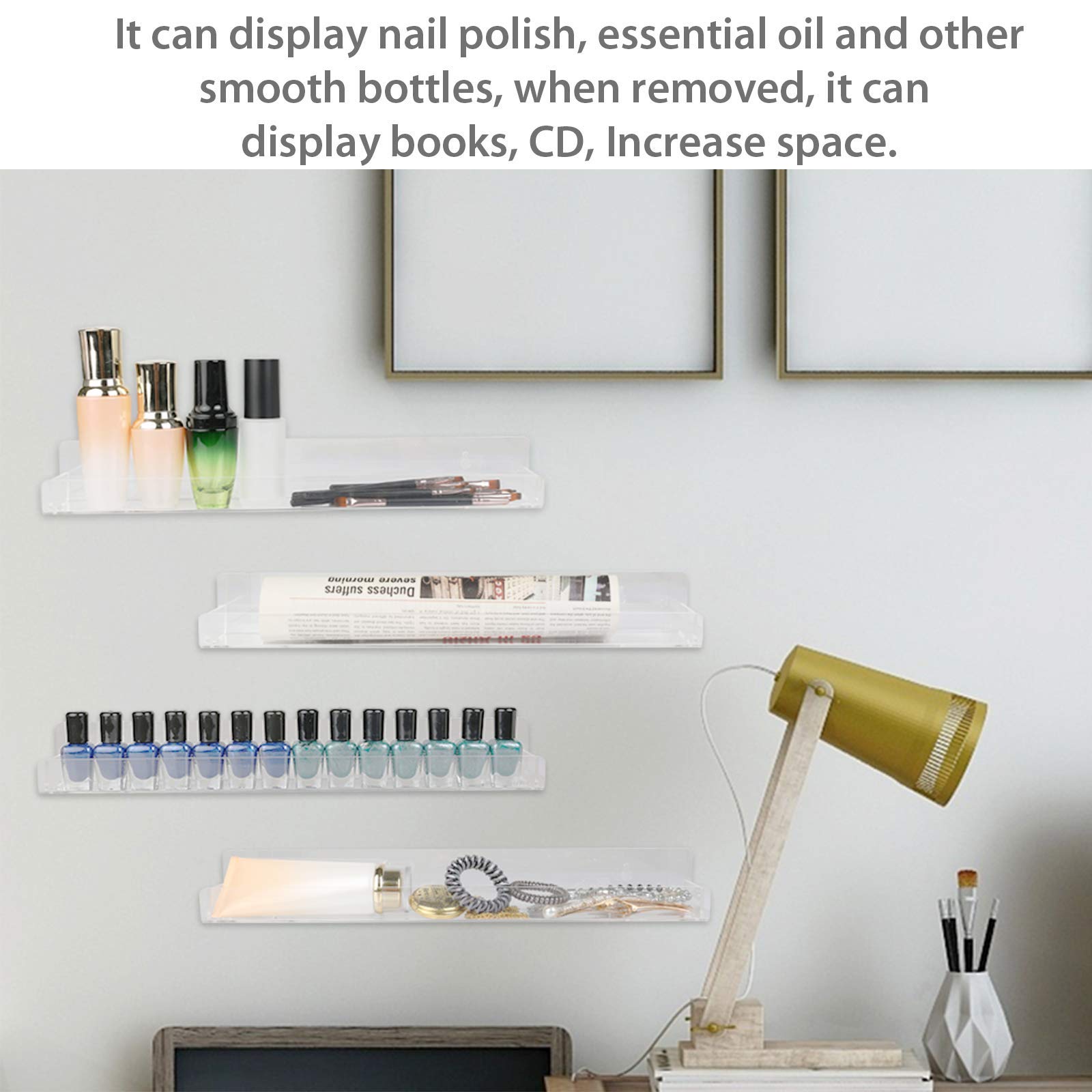 Umirokin 6 Packs Acrylic Nail Polish Rack Wall Mounted Shelf, Clear Nail Polish Wall Holder Display for Paint Perfume Essential Oils Organizer Holds up 54 to 96 Bottles, 15Inch