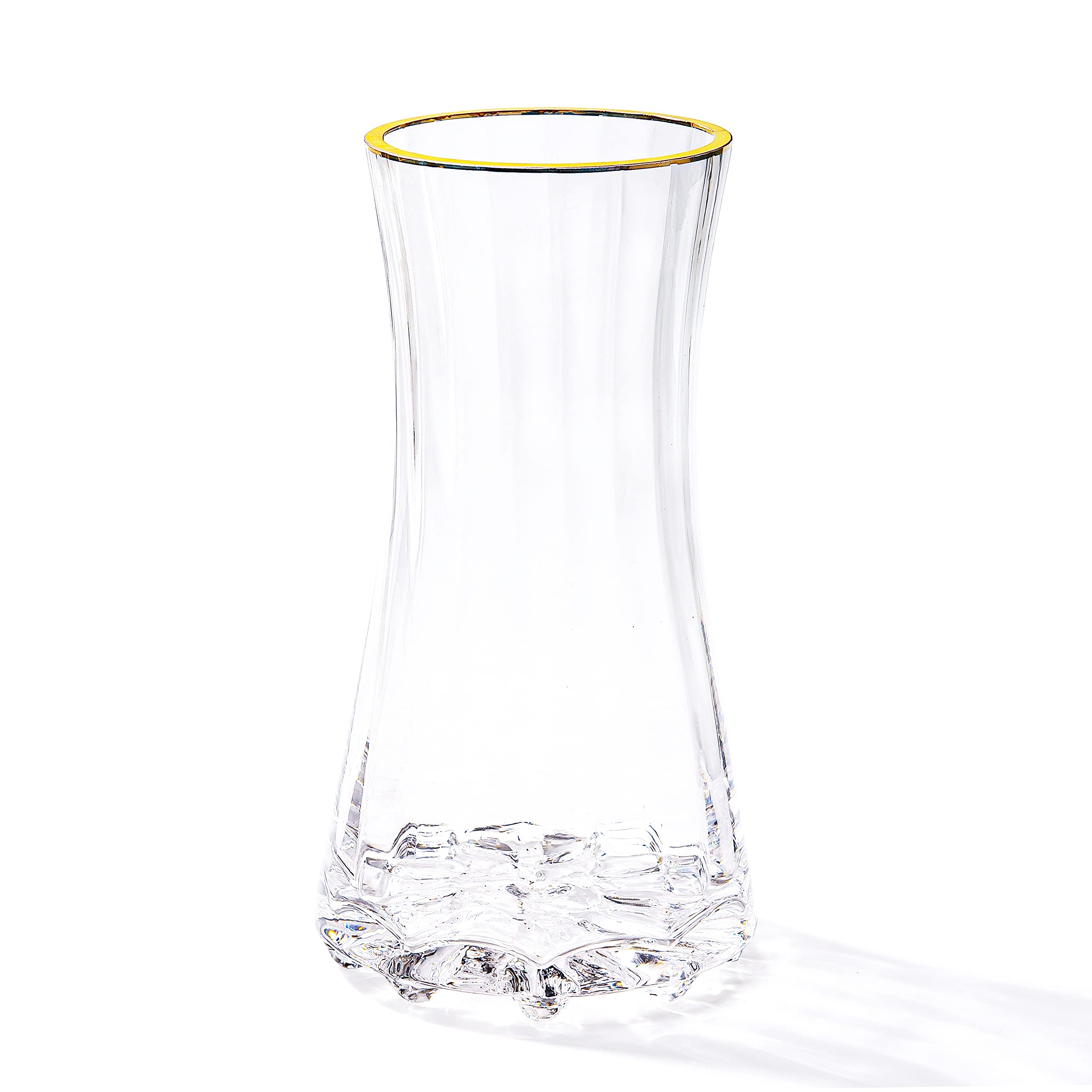 Moreast Glass Flower Vase for Home Office Decor, Crystal Clear Vase with Gold Rim and Ribbed Texture for Flower Arrangement, Spring Garden Vase 9" Tall