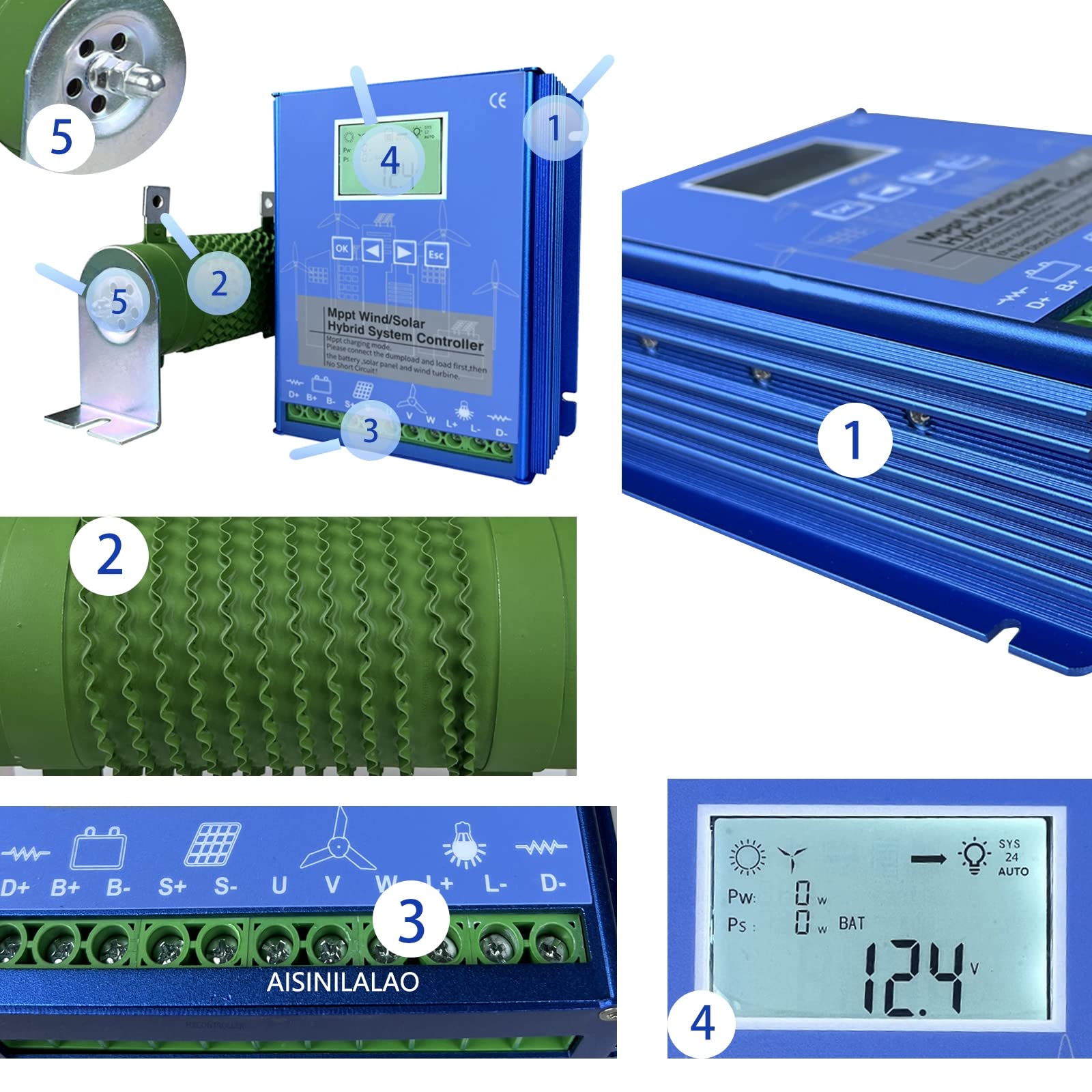 AISINILALAO Wind Solar Hybrid Charge Controller, 3000W 12V/24V/48V Wind Solar MPPT Charge Boost Controller with LCD Display Universal for Off Grid Wind Solar Hybrid System(Blue),48v