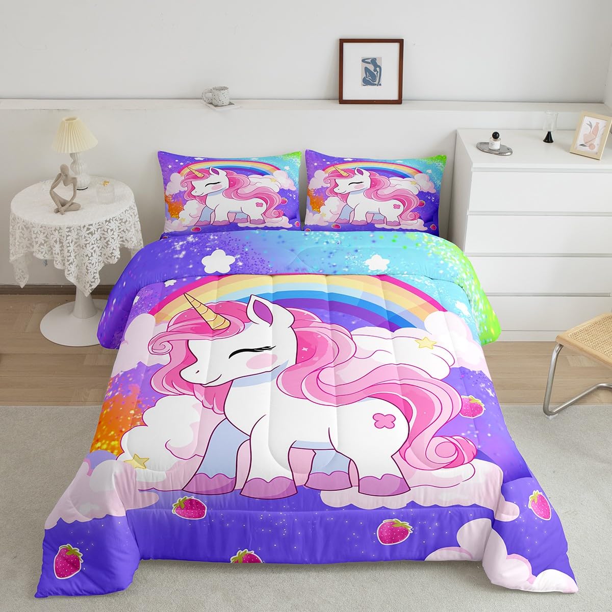 Unicorn Comforter Set Full Size Kids Unicorn Glitter Comforter for Boys Teens Girls Cute Unicorn Bedding Set Breathable Cute Animal Decor Duvet Set Room Decor Quilt Set