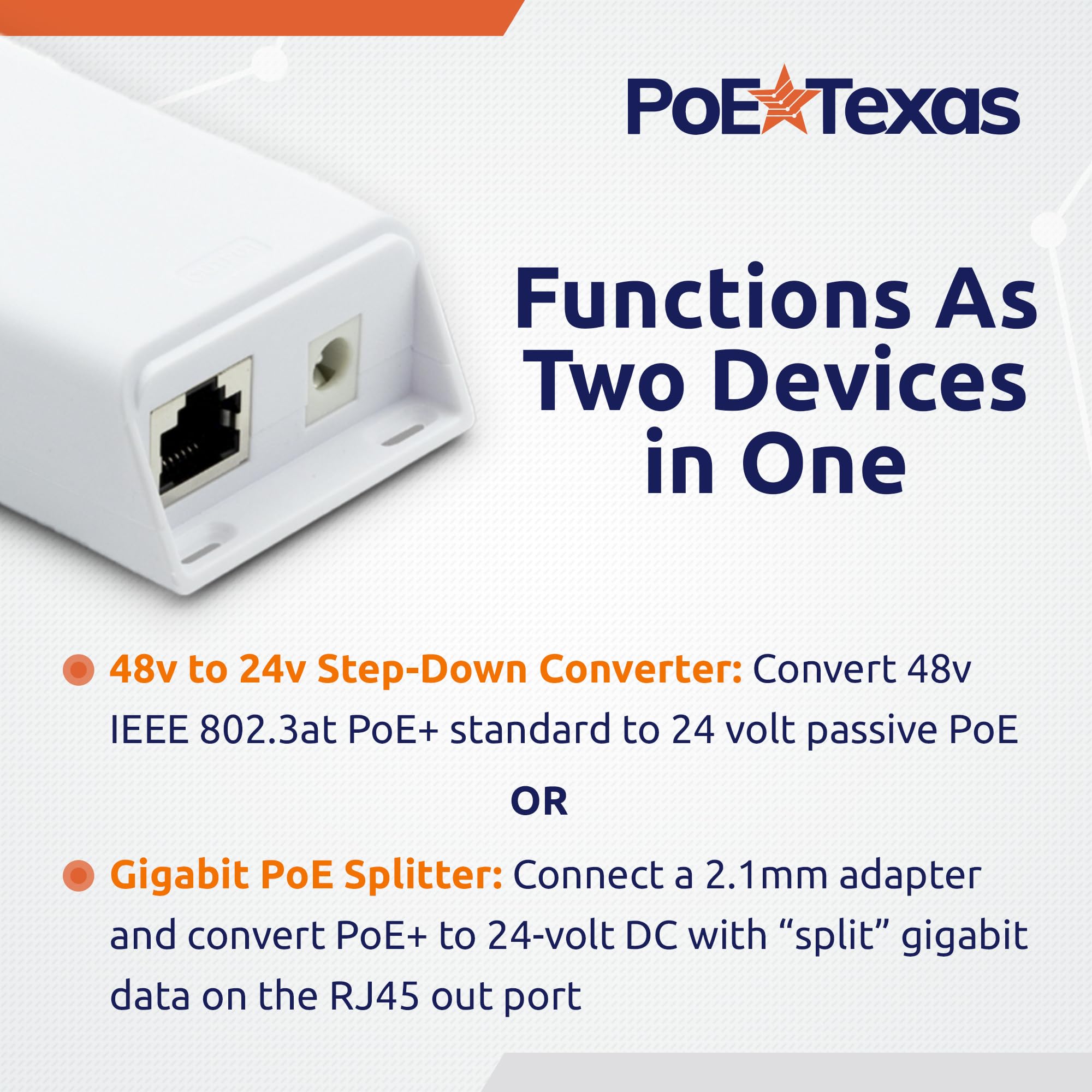 PoE Texas 48v to 24v PoE Converter - Inline PoE Splitter with 24 Volt 25 Watt PoE or DC - Converts IEEE 802.3at PoE+ to 24V Passive PoE or 24V DC Output with Gigabit Data for Ubiquiti and Mikrotik