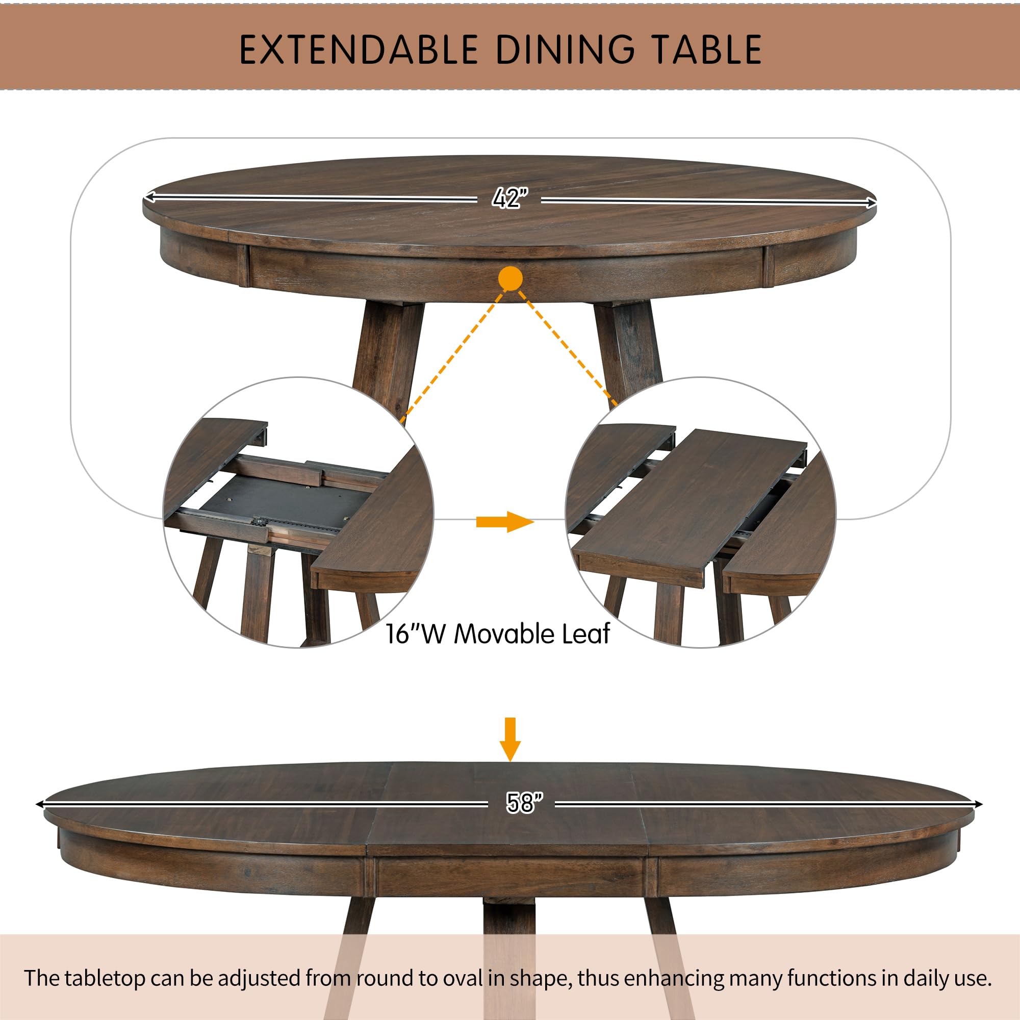 5-Piece Retro Functional Set, Extendable Round 16" W Leaf, 4 Upholstered Family Dinner Dining Room, 5pc Farmhouse Kitchen Table/Chairs for 4 (Walnut)