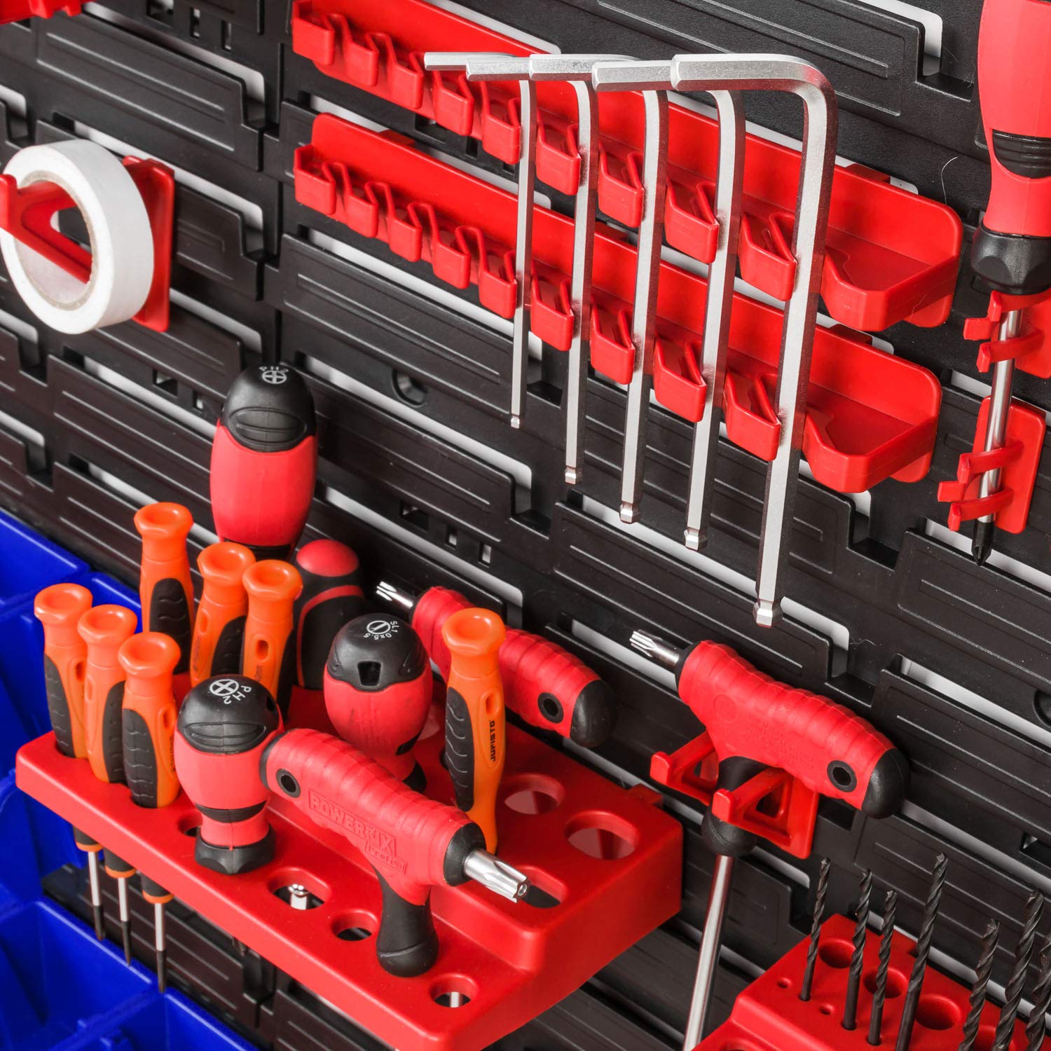 PAFEN Schüttenrega Storage System Workshop Shelving 1728 x 780 mm Wall Shelf with Tool Holder and 64 Stacking Boxes Wall Plates (Red/Blue/Black)