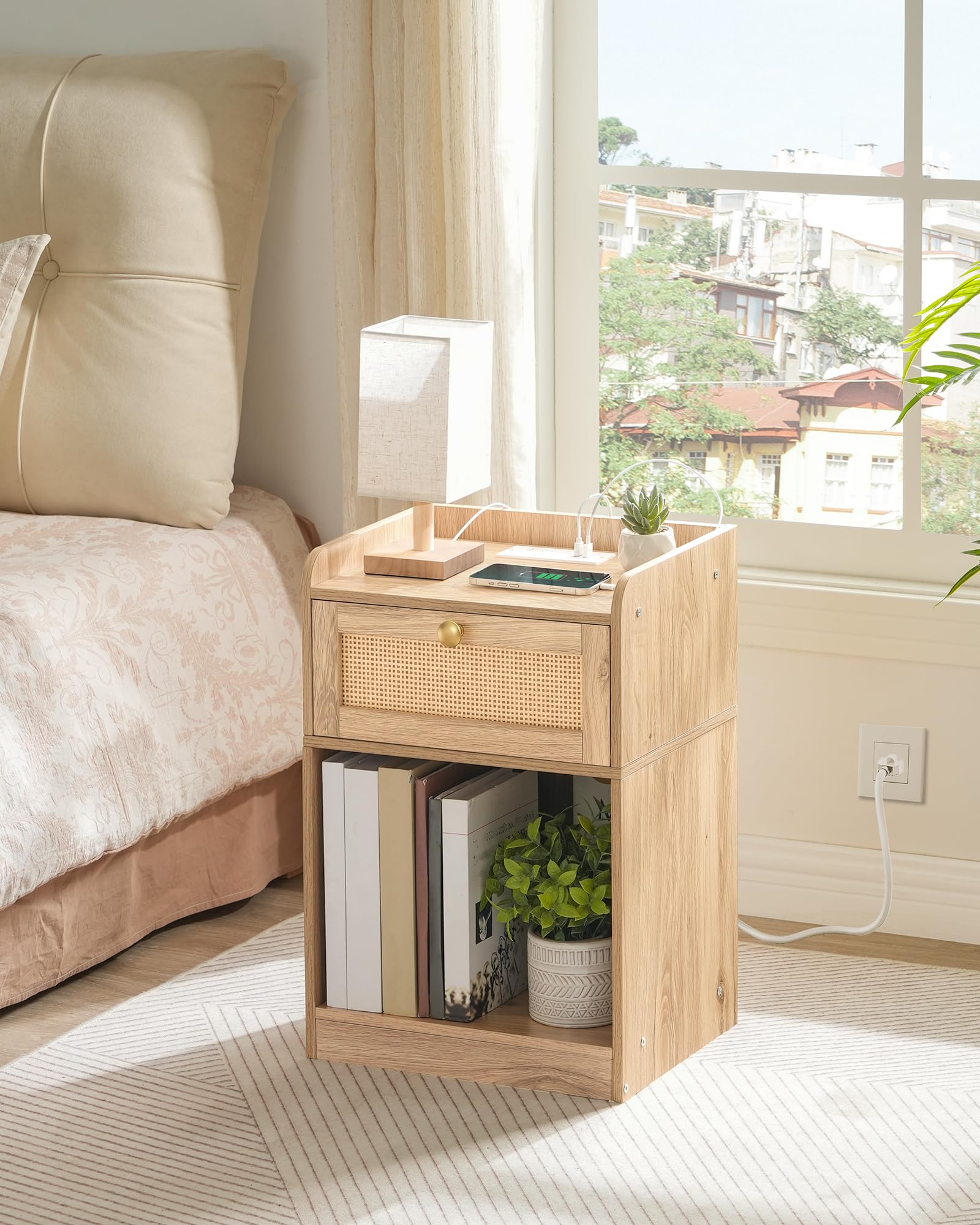 CHOEZON Nightstand with Charging Station, Side Table with Rattan-Style Drawer and Storage Shelf, Modern Rattan Night Stand with 2 USB Ports, Boho End Table Bedside Table for Bedroom, Natural MBZ01UWO