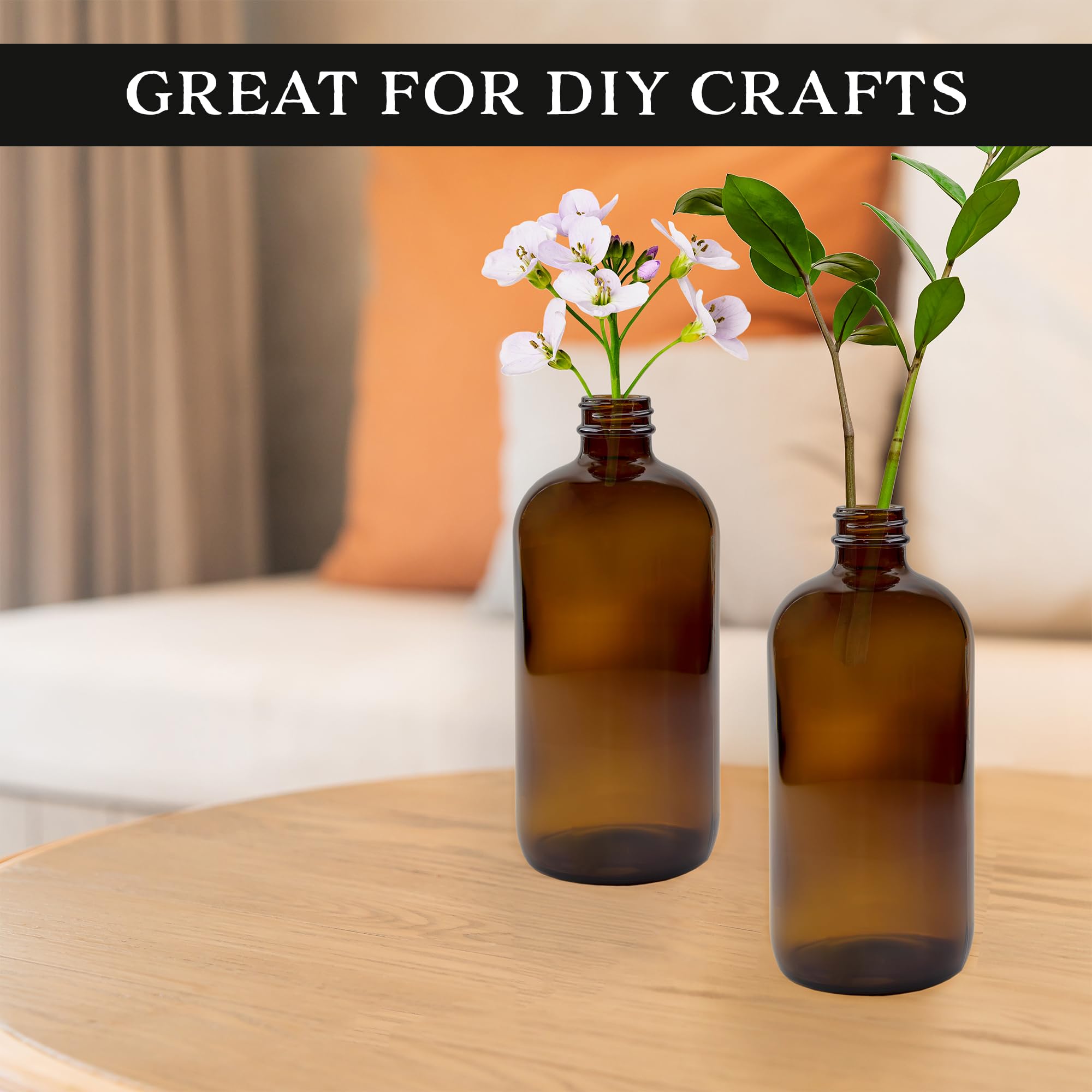 Cornucopia 16oz Amber Glass Bottles with Reusable Chalk Labels and Lids (2 Pack), Refillable Brown Boston Round Bottles, with Black 28-400 Caps