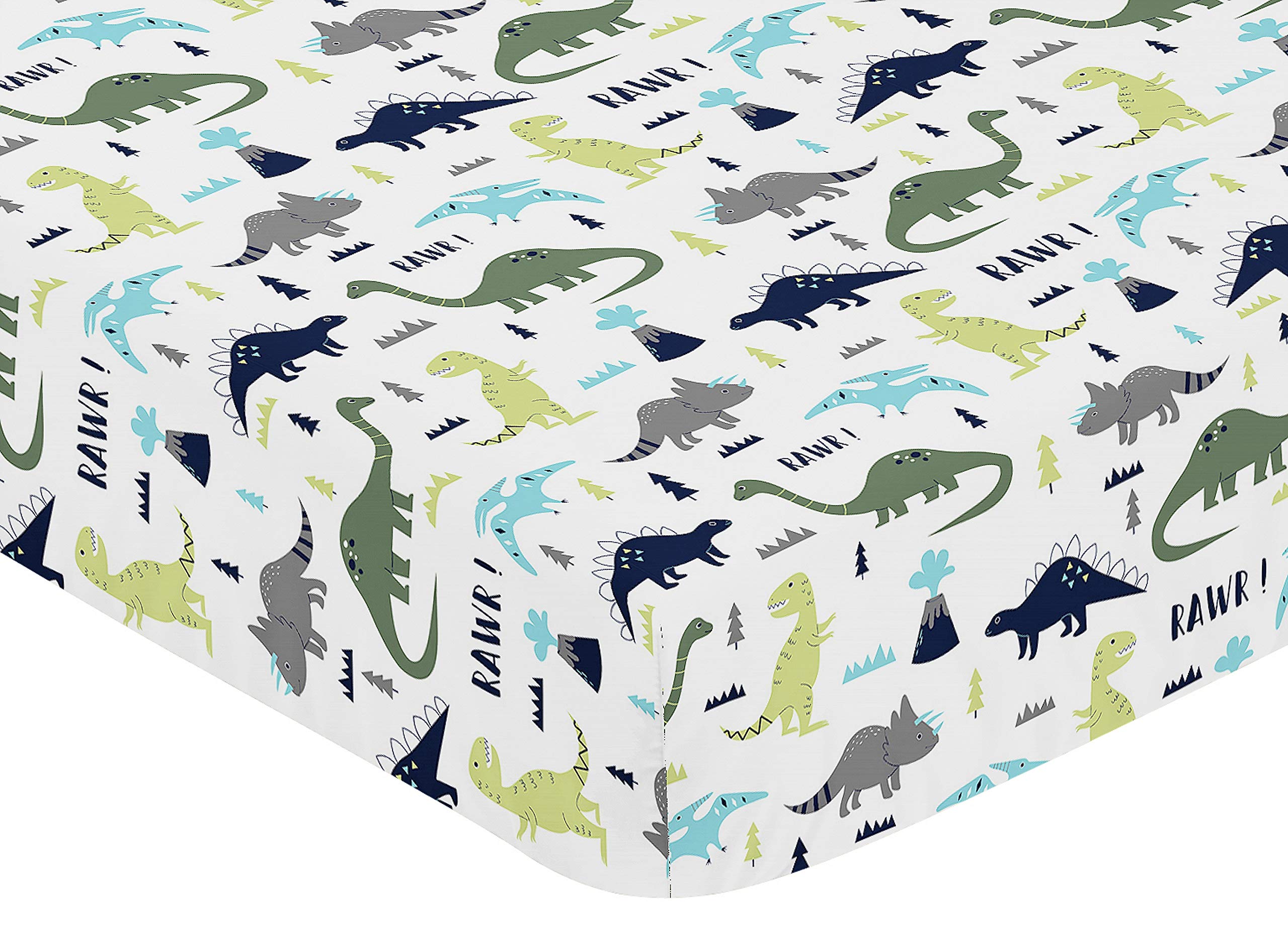 Sweet JoJo Designs Mod Dino Boy Jersey Stretch Knit Baby Fitted Crib Sheet for Soft Toddler Bed Nursery - Blue, Green and Grey Modern Dinosaur