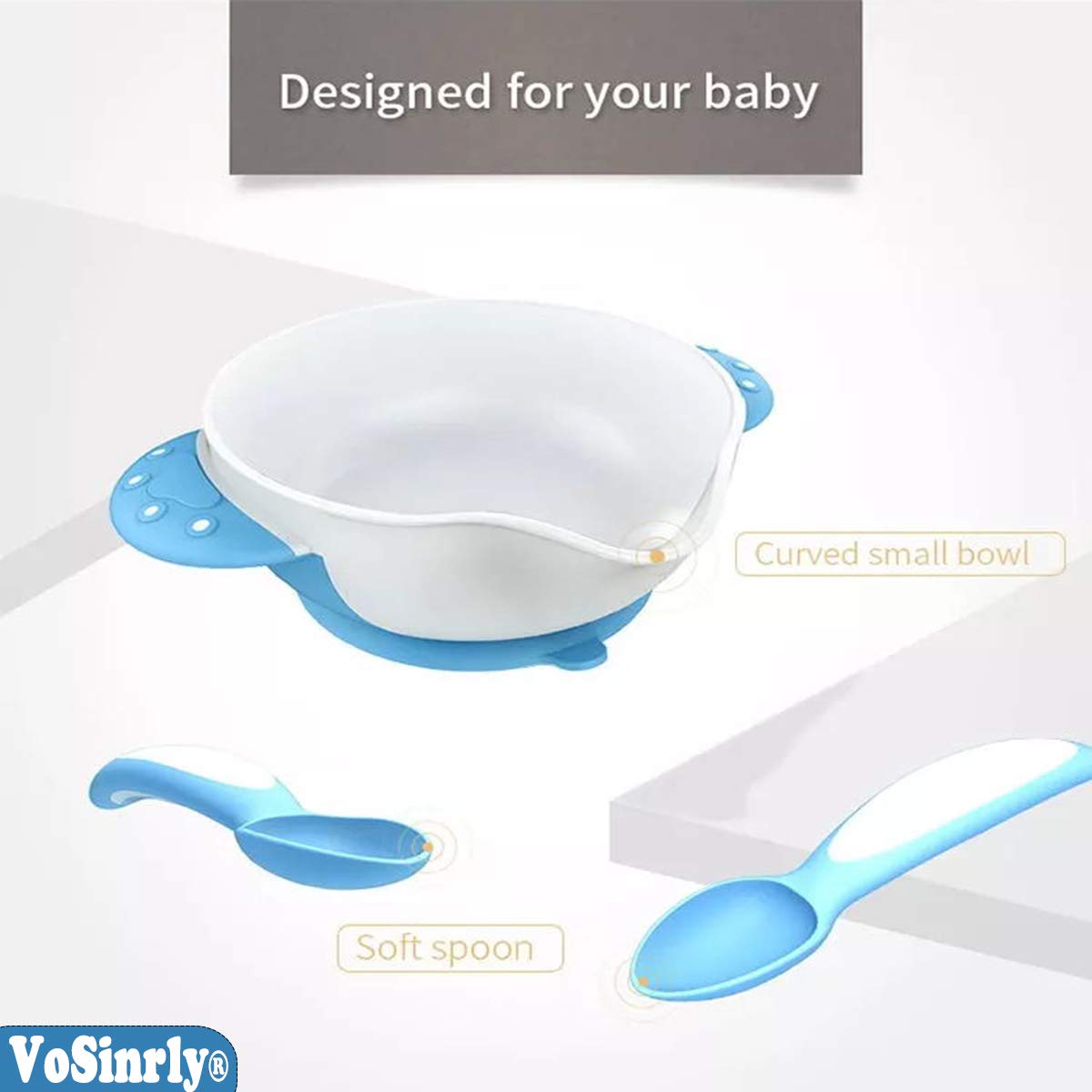 VoSinrly Baby Mate Suction Bowl for Toddlers with Fork & Spoon Set - Toddler Bowls with Suction and Lid - BPA Free Baby Feeding Set (Blue)