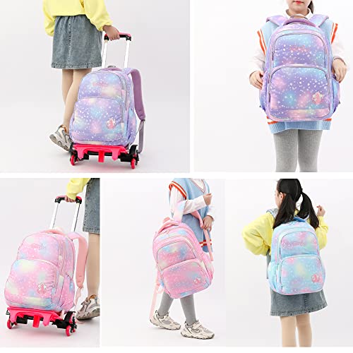 LANSHIYA Dream Princess Wind Rolling Backpack for Girls Wheeled Travel Bag Trolley School Bag Purple Two Wheels