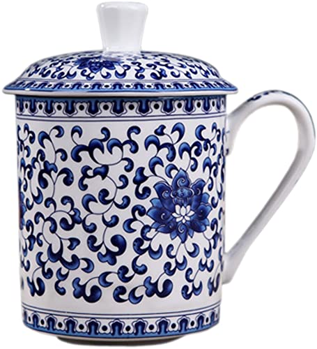 Heitiliamu Convenient Travel Home Office Chinese Gongfu Loose Leaf Tea/Coffee Brewing System- Bone China Porcelain Tea Cup/Coffee Cup/Tea Mug/Coffee Mug Personal Teacup with Tea Cup Lid,Blue Flowers