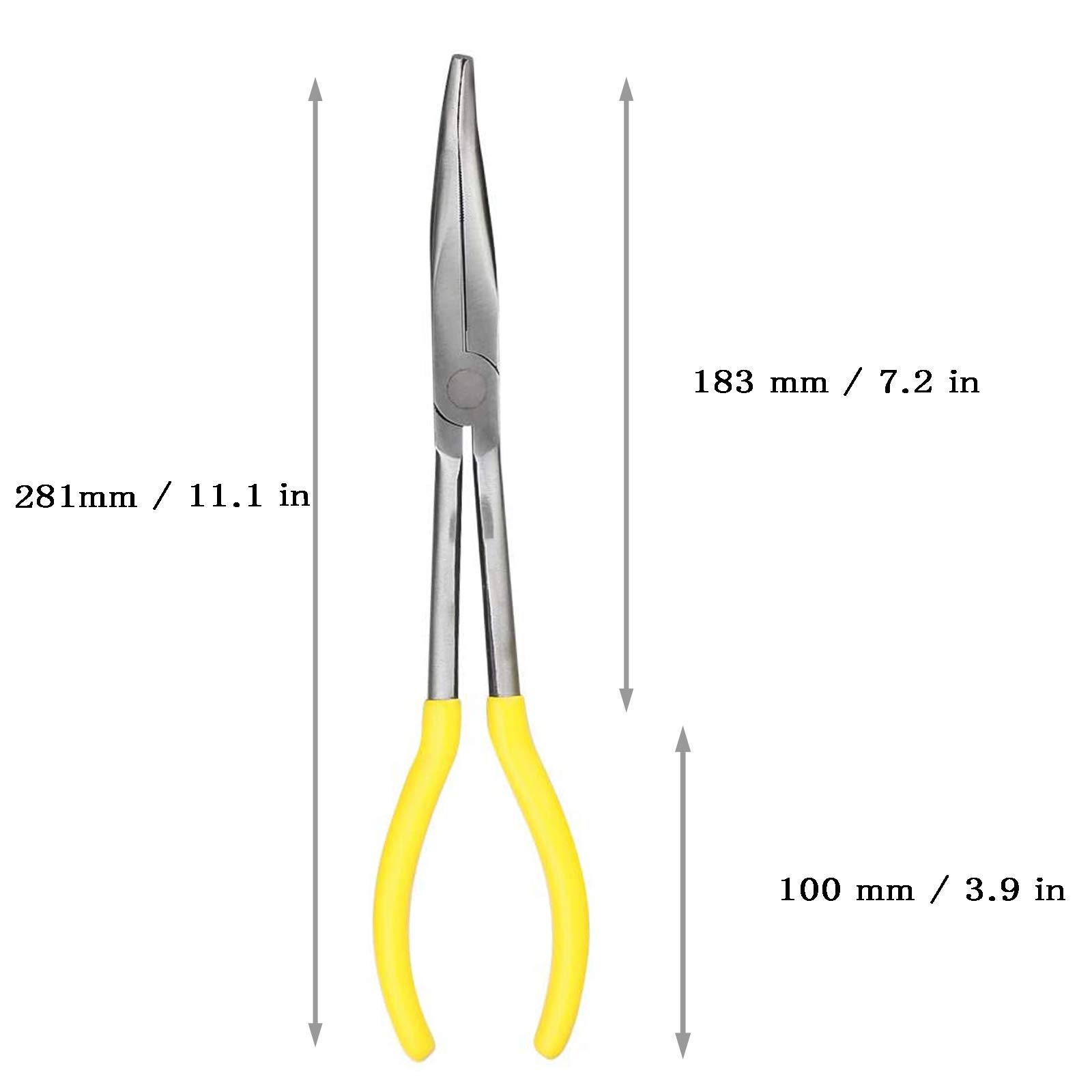 BQKKWIN 11 Inch Long Reach Long Nose Pliers | Designed for Mechanics, Technicians, and Contractors | Work with Delicate or Difficult-to-Reach Pieces | Milled-Jaws | Steel “45 Degree Bent Nose Plier