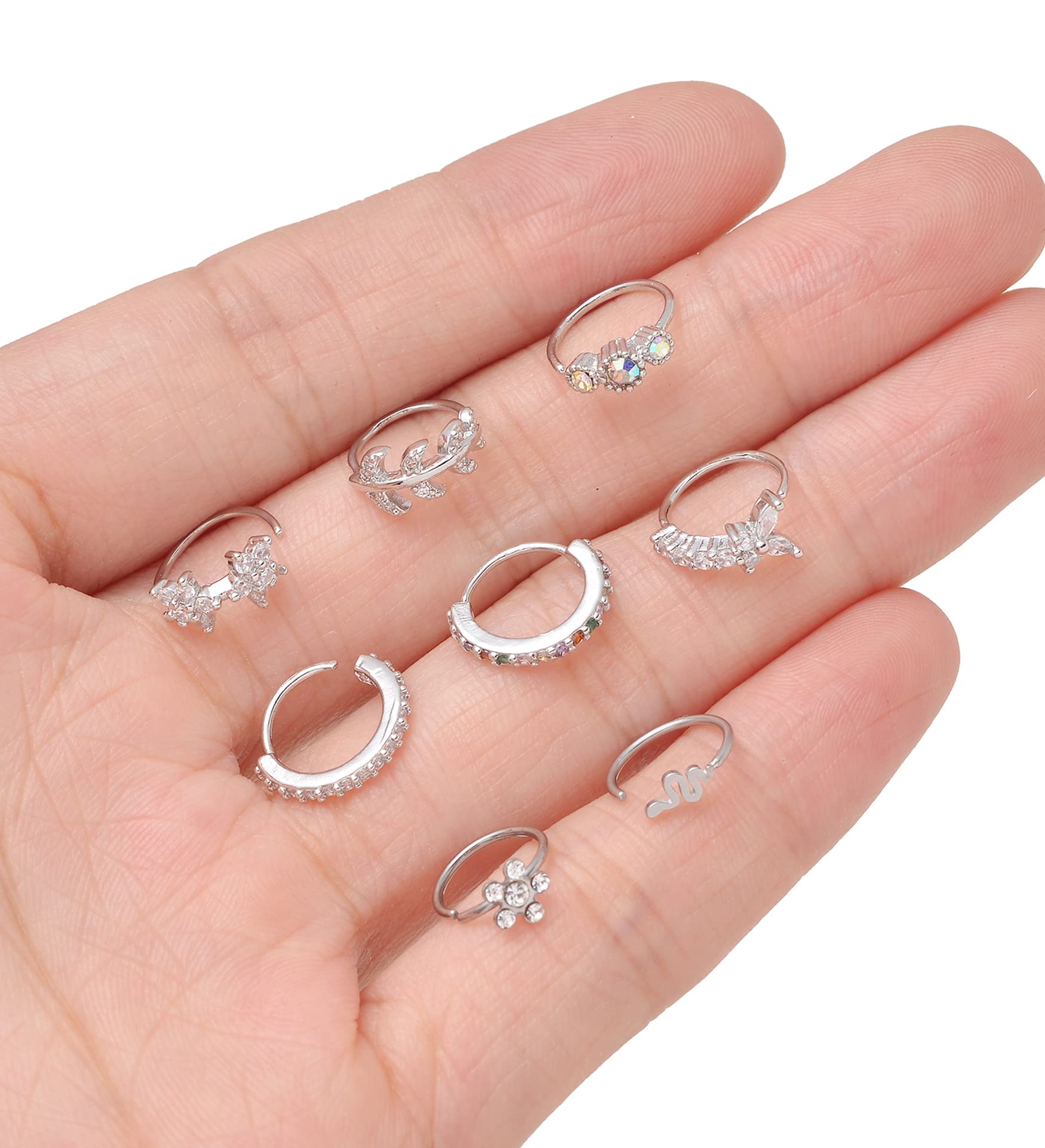 Akeoqi 29Pcs 20G Nose Ring Studs Nose Ring Hoops L Shape CZ Butterfly Snake Star Moon Shape Nose Piercing Jewelry for Women Silver Tone