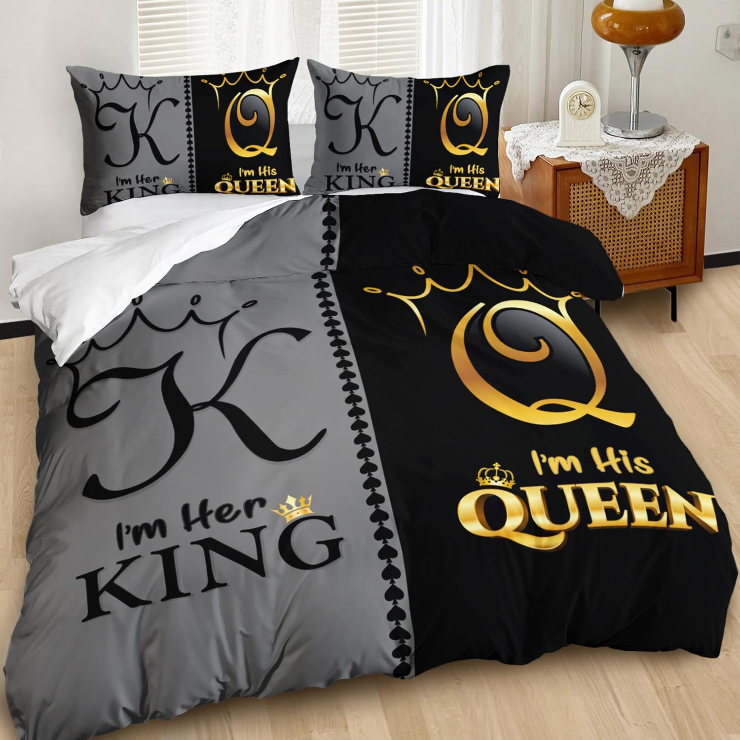 AILONEN Grey and Black Duvet Cover Set Queen Size, K and Q Printed Crown Couple Bedding Set Gifts,3 Piece His Her Themed Lightweight Microfiber Comforter Cover with 2 Pillowcases