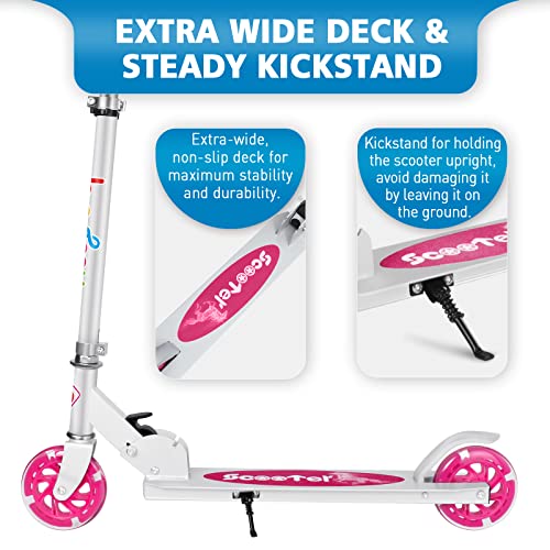 Beleev V1 Scooters for Kids 2 Wheel Folding Kick Scooter for Girls Boys, 3 Adjustable Height, Light Up Wheels, Kickstand for Children 3 to 12 Years Old