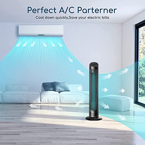 Tower Fan, 40β Oscillating Tower Fan with Remote Control, Electric Quiet Cooling Bladeless Fan 3 Wind Modes & Speeds, 7.5H Timer, Standing Floor Fan Portable for Home Bedroom Office, Black, Windy
