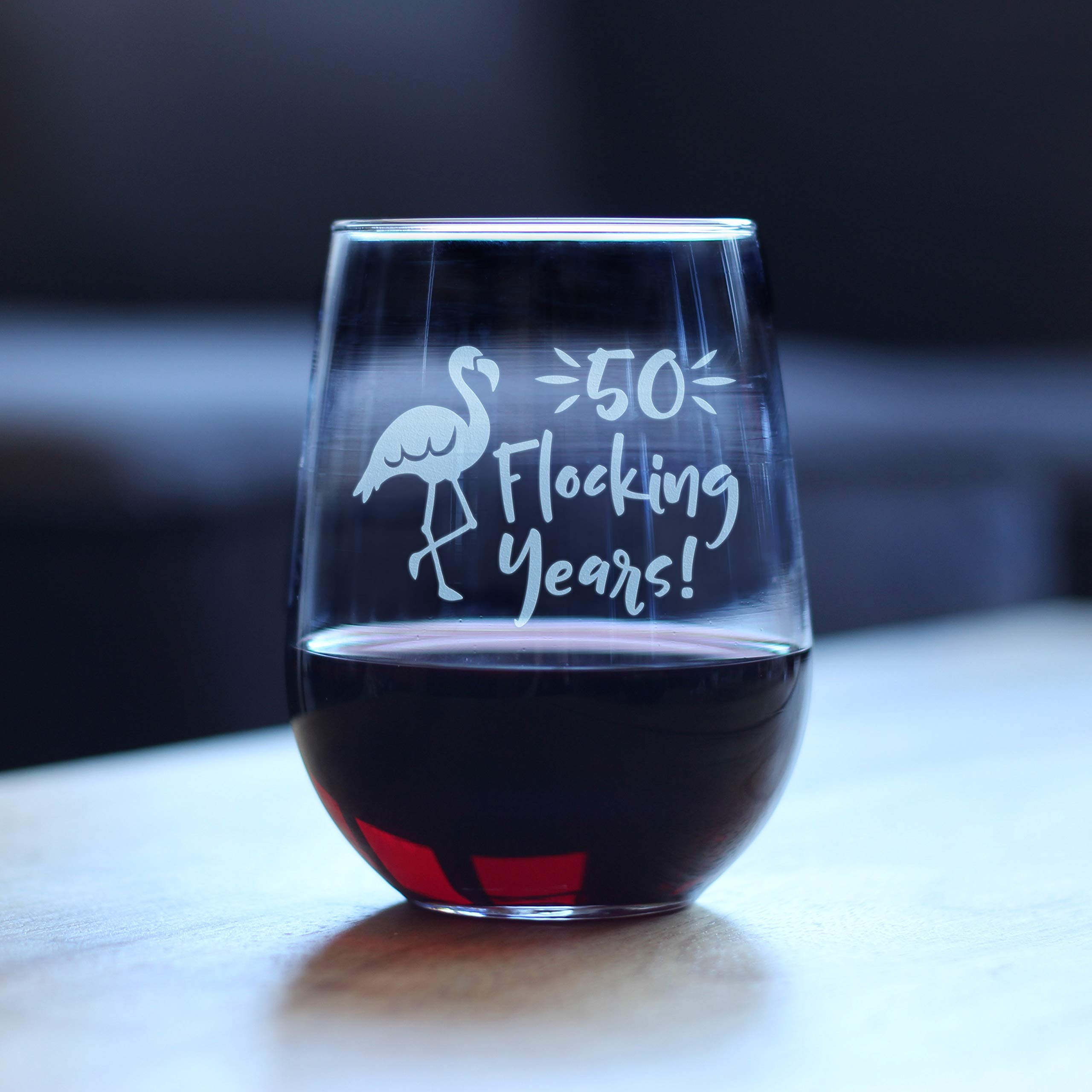 50 Flocking Years - Funny Flamingo Stemless Wine Glass Gift for 50th Birthday, Anniversary or Reunion - Large