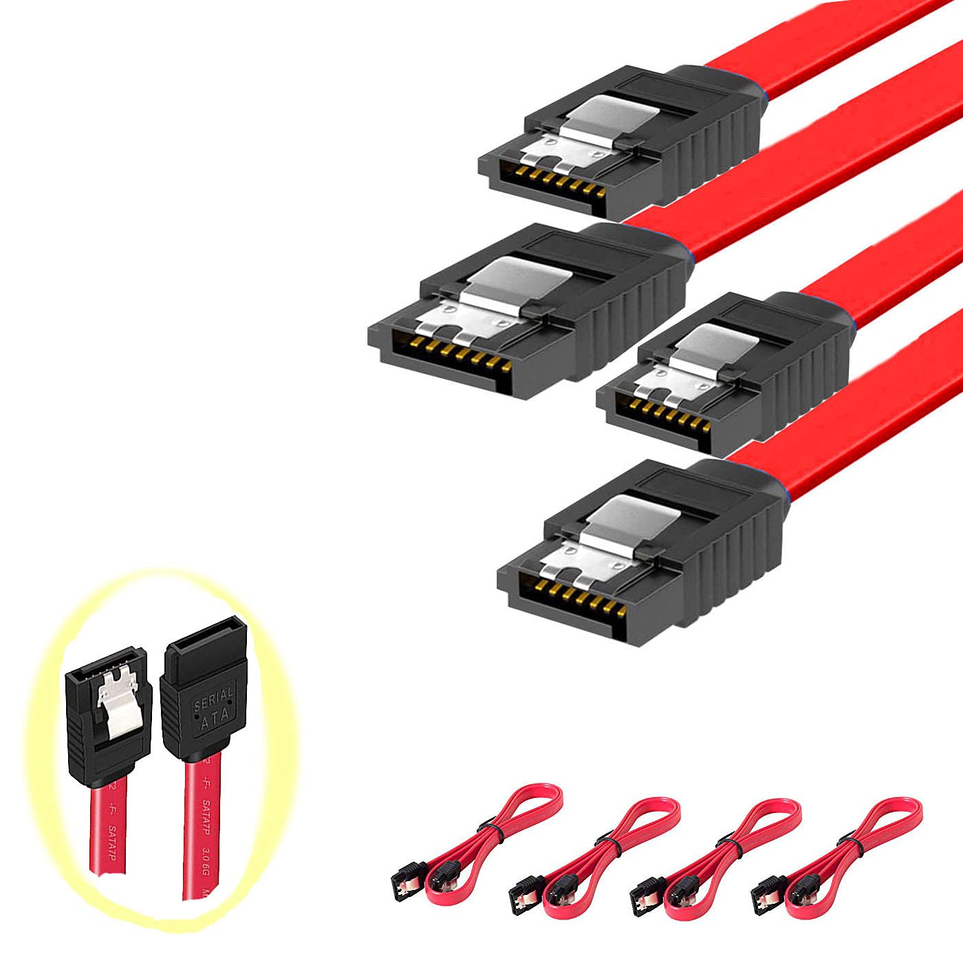 USECL 4 Pack Straight SATA III Hard Disk Cable 6.0GBPS,7pin Female to Female Date Cable with Locking Latch,Length :18 inches(red)