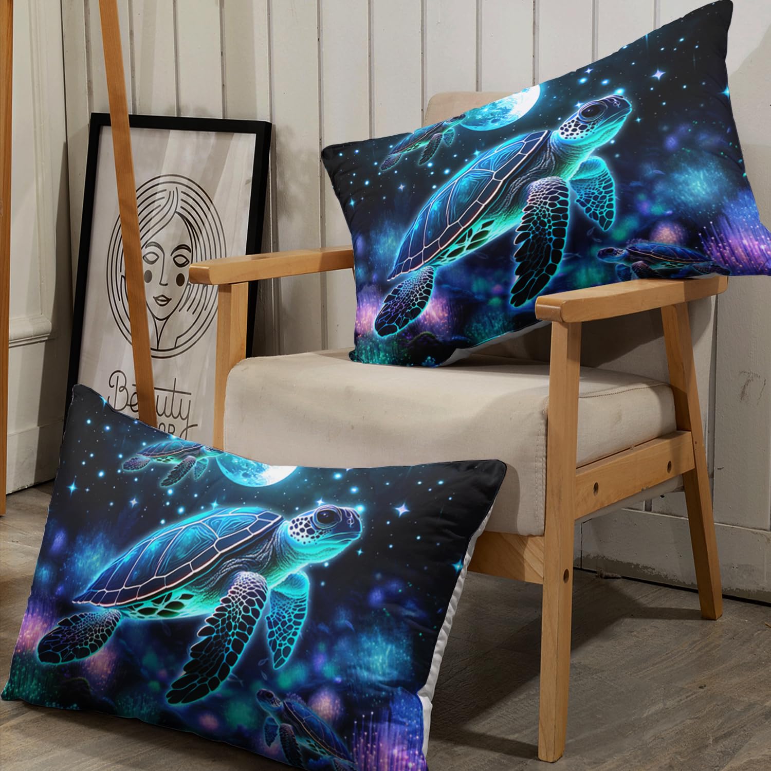AILONEN Sea Turtle Fitted Sheet Set Twin XL Size, Ocean Bed Sheet Set Coral Jellyfish 3 Pieces Printed Sheet Set for Boys Girls,Evening Starry Moon Turtle Fitted Sheet with 2 Pillowcases