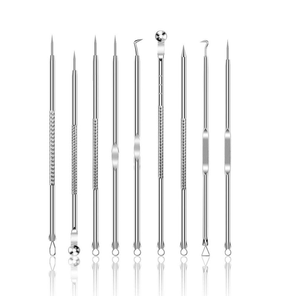 9 In 1 Pimple Blackhead Remover Extractor Tool Kit, Professional Safe Treatment for Zit Popper White Head Acne Blemish Comedone Removing for Nose Face Skin- Black