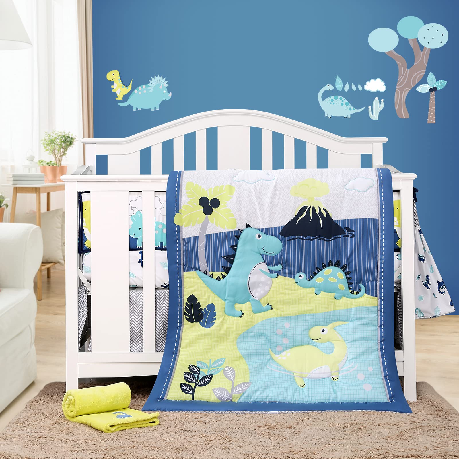 8 PC Dinosaur Crib Bedding Set for Baby Boys, Blue Nursery Set with Quilt/Sheet/Dust Ruffle/Blanket/Diaper Stacker/3 Wall Stickers, (0363)