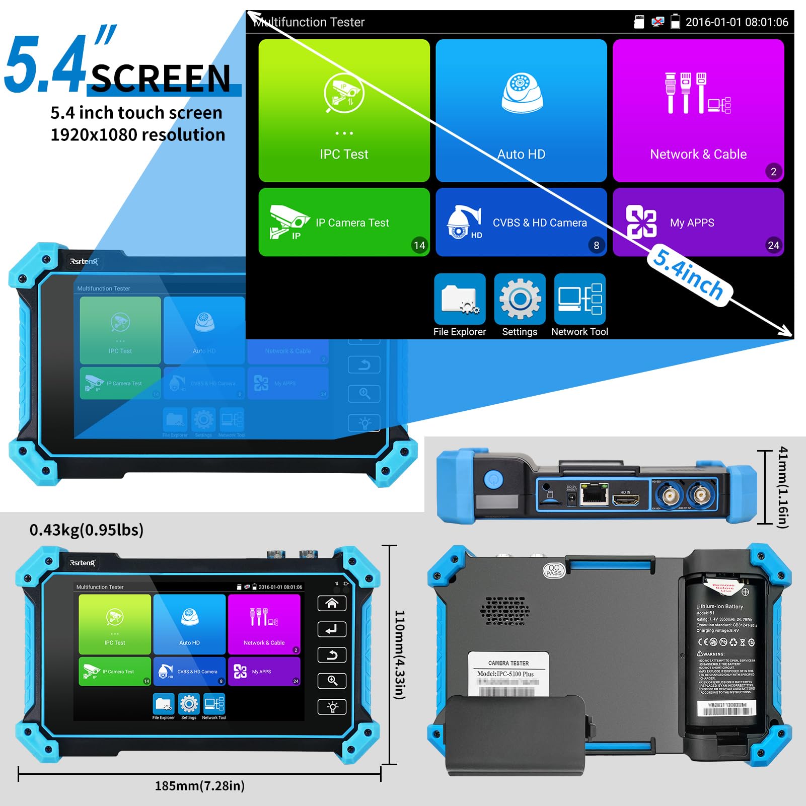 Rsrteng IP Camera Tester, IPC-5200 Plus 8MP AHD CVI TVI SDI CVBS IP Camera Test 4K HD Display Video Monitor 5inch IPS Touch Screen IPC Tester Support POE PTZ RS485 HDMI & VGA Input DC12V Output