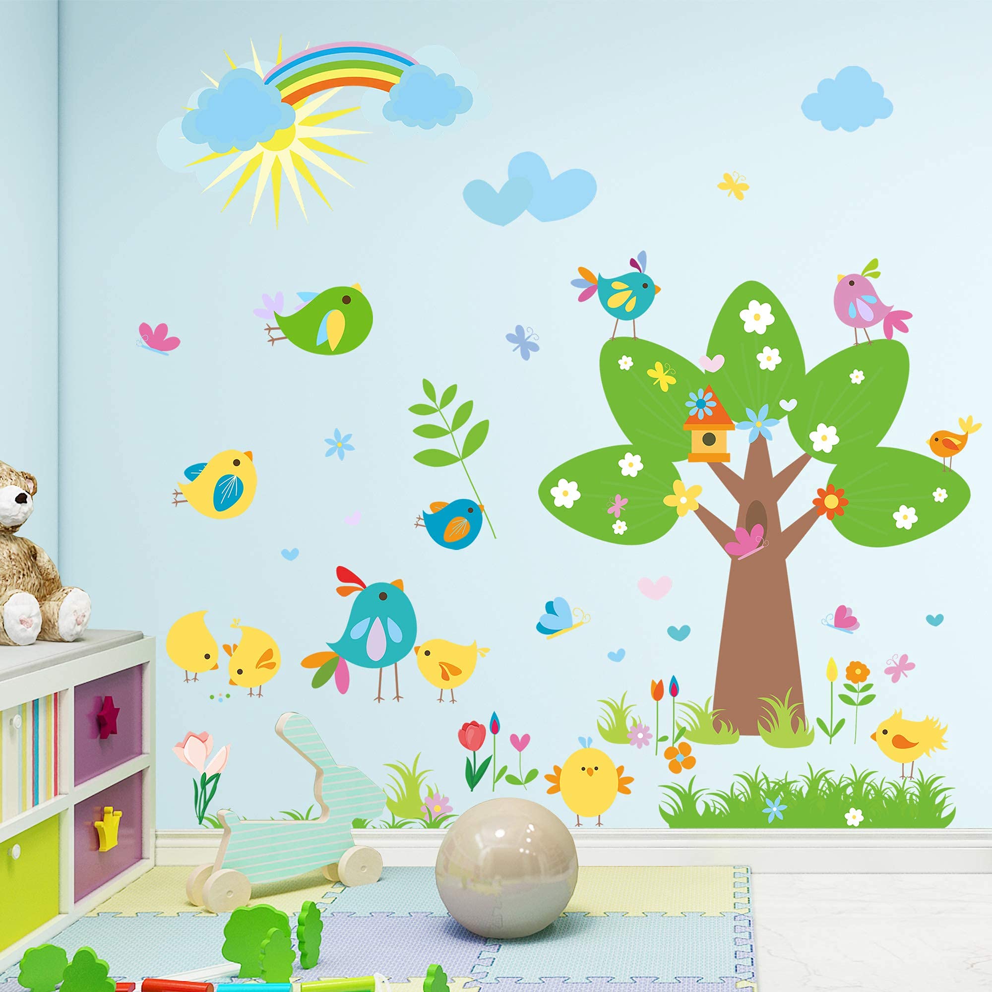 RW-1066 Cute Birds Animals Wall Decals Big Tree Wall Stickers Flowers Birds Animals Decals DIY Removable Birds Butterfly Wall Art Decor for Kids Baby Bedroom Living Room Nursery Classroom Decoration