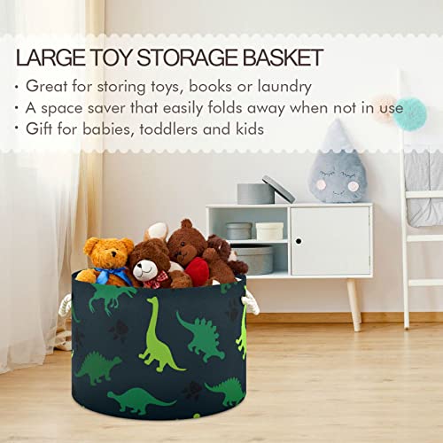 Kigai Green Camo Dinosaur Storage Basket, Collapsible Round Toy Storage Bin, Decorative Laundry Hamper with Handles, Large Organizer Bins
