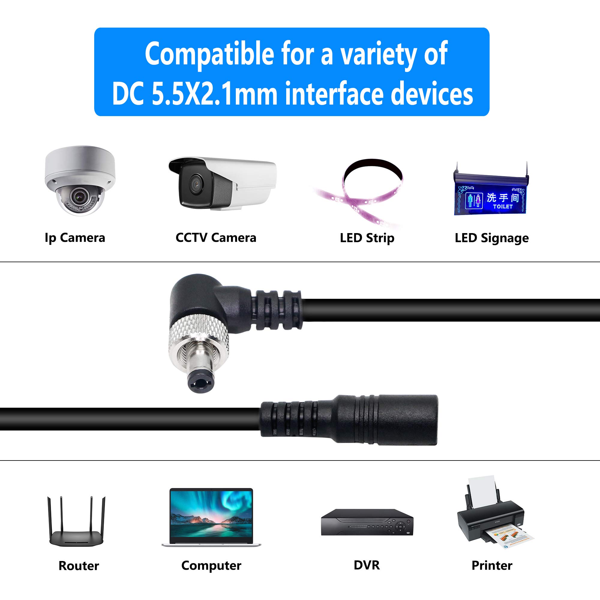 SinLoon 2 Pack DC Extension Cable 90 Degree DC Power Adapter Plug 5.5mm x 2.1mm Male to Female Extension Wire with Lock Nut for DC 12V Power Adapter, CCTV Security Camera (0.5M/1.65FT)