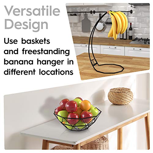 CuttleLab Fruit Basket with Banana Hanger (Black, 1-Tier), Fruit Bowl with Banana Holder, Fruit Bowl for Kitchen Counter used as Bread Basket, Vegetable Basket, Fruit Stand,Egg Holder with Banana Tree