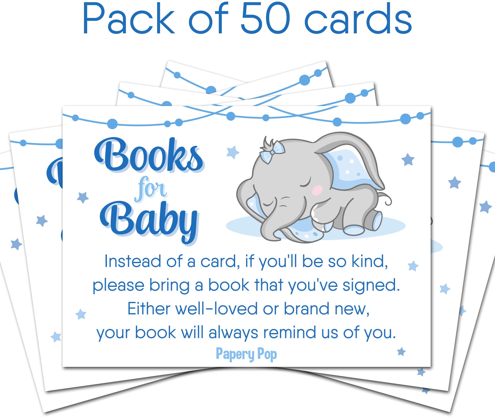 50 Books for Baby Shower Request Cards for Boy (50 Pack) - Elephant - Bring a Book Instead of a Card - Baby Shower Invitations Inserts Supplies
