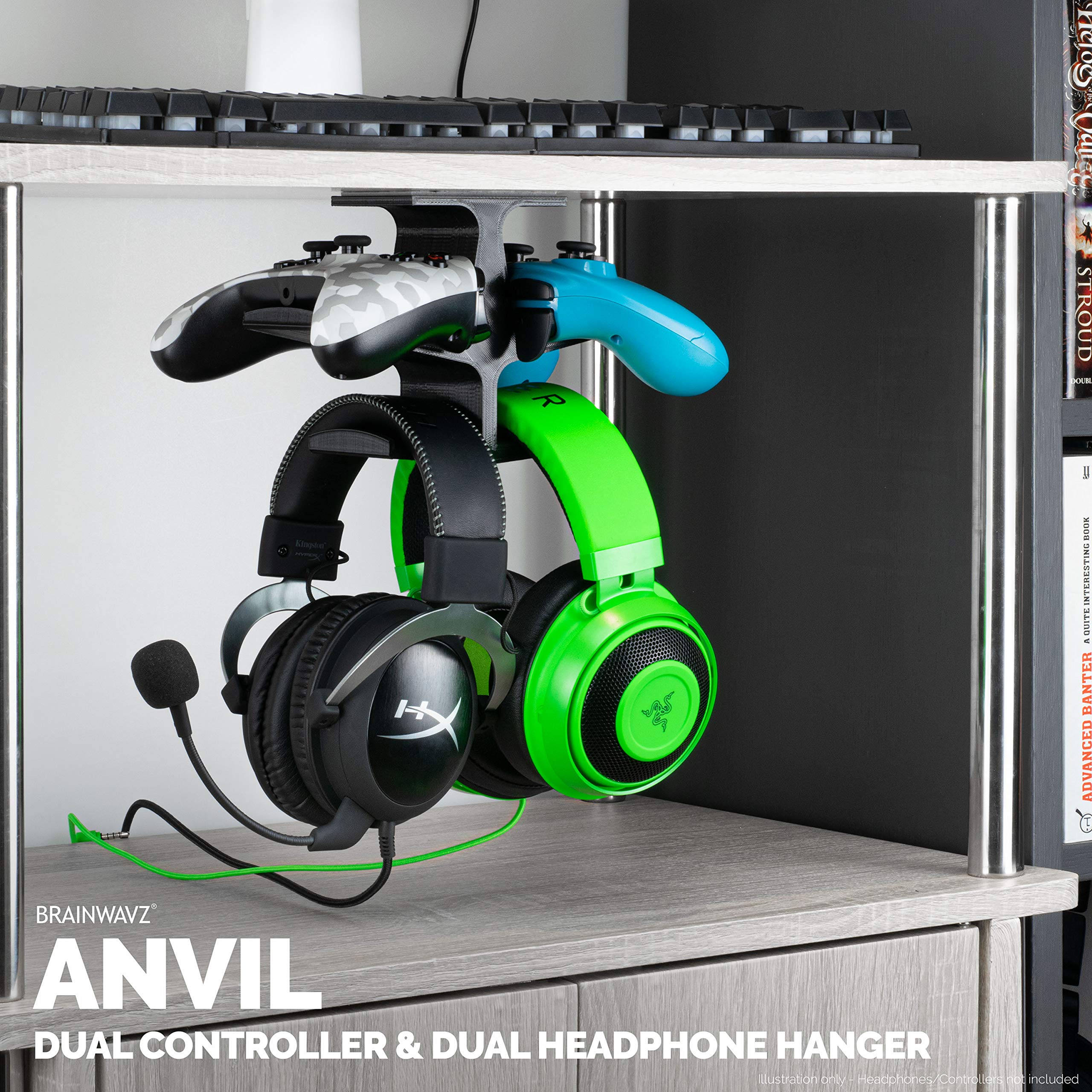 BRAINWAVZ [EOL] The Anvil - Under Desk/Shelf Dual Gamepad Controller & Dual Headphone Hanger Holder Stand - Designed for Xbox ONE PS4 PS3 PS5 Dualshock DualSense HyperX PC Steelseries Razer [EOL]