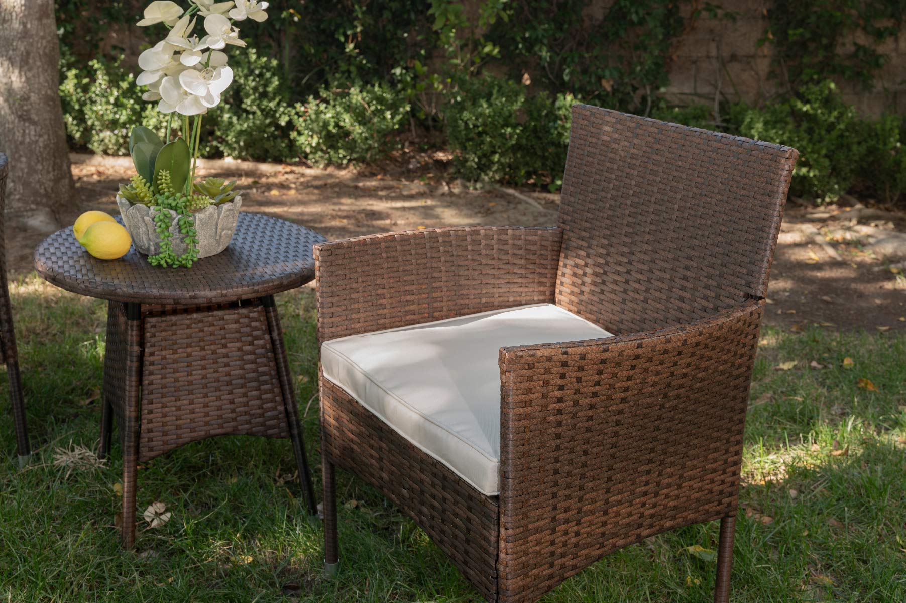 Barton 3 Pieces Bistro Chair Set w/Glass Table Beige Outdoor Patio Furniture Wicker Rattan Modern Conversation Chat Seating