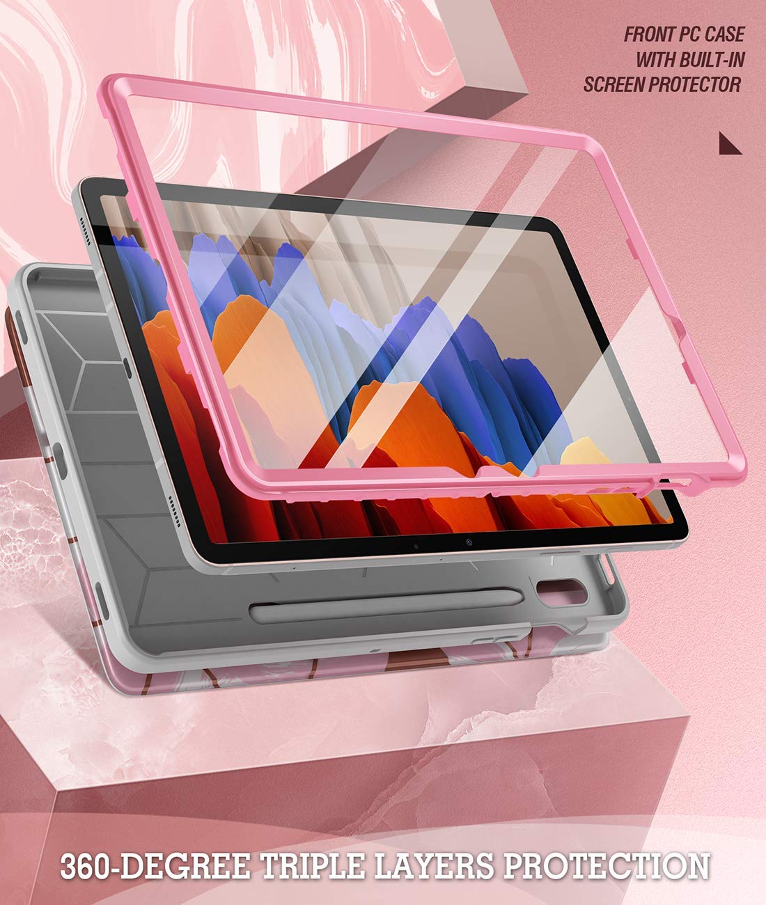 Popshine Marble Series Designed for Samsung Galaxy Tab S7 / S8 Case, Full Body Premium 360 Degree Protective Folio Cover with Built-in Screen Protector, Liquid Marble Pink