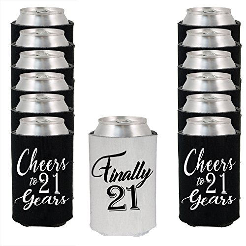 Finally 21 Cheers to 21 Years Birthday Can Sleeve Cooler Insulated Drink Coozies Soda Beer Hugger Coolies (Black, 13)