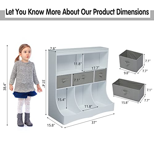 kinbor Kids Storage Organizer Bookcase - 3-Tier Toy Storage Cabinet Toddlers Bookshelf with 3 Removable Drawers, Baskets Multi Shelf Cubby for Nursery Activity Room Bedroom, White