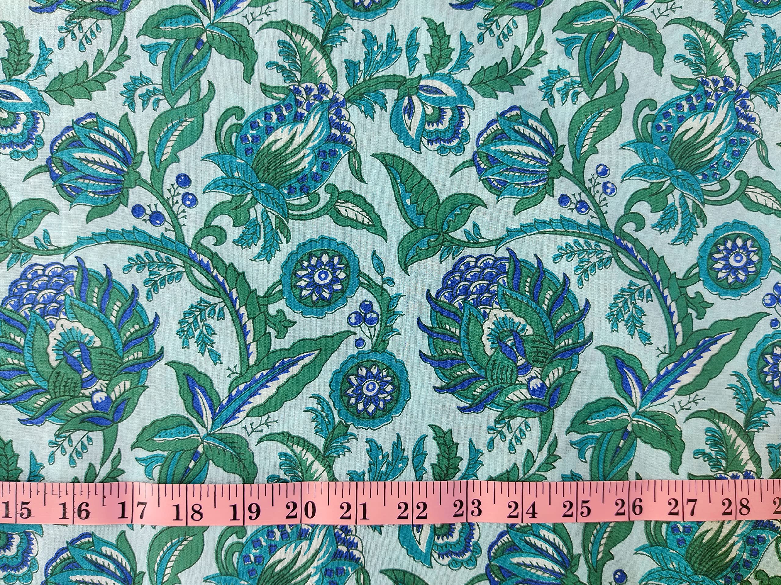 Craftbot Hand Block Print Fabric by The Yard - PRECUT 3 Yards 42 inch Width - 100% Cotton Material - Green Floral Pattern - Light Weight Indian Cloth for Making Kurti Summer Dress Salwar Kameez etc