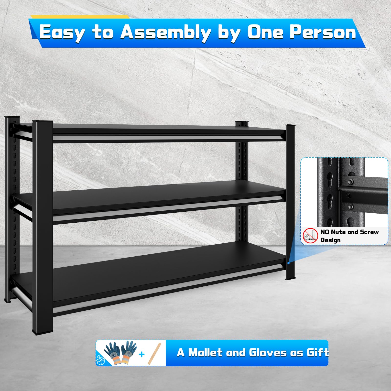 Rufokisa 3-Tier Garage Shelving Heavy Duty,48" W Metal Shelving Unit for Garage, 1650 lbs Load Capacity Utility Rack Shelves& Garage Shelves, 48”W x 18”D x 39”H(Black)