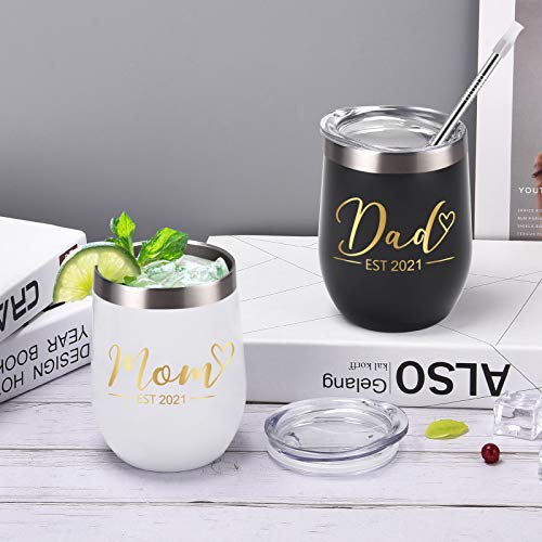 Homlouue New Parents Wine Tumbler Set, Mom Dad Est 2021 Tumbler Set for New Mom Baby Shower New Parents New Pregnancy Baby Announcement, 12 Oz Insulated Stainless Steel Wine Tumbler, Black and White
