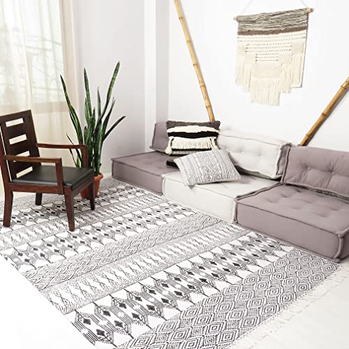 Eyes of India - 4 X 6 ft Off-White Black Cotton Block Print Area Dhurrie Rug Flat Weave Hand Woven Tassel Boho Chic Indian Bohemian Accent Handmade Handwoven