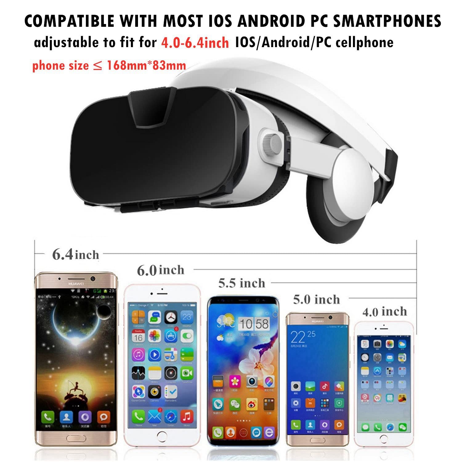 3D VR Headset Virtual Reality Goggles w/ Over Ears HiFi Headphones for iPhone 13 12 11 Pro XS Max XR X SE 8 7 6S+, Samsung Galaxy Note 10 9 8 5 4 3 S21 S20 S10 S9 Edge+ iOS & Android Cellphone, White