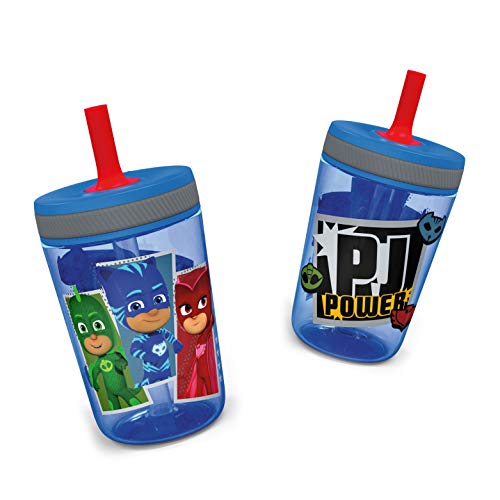 Zak Designs Kelso Tumbler 2pc Set, Leak-Proof Screw-On Lid with Straw Made of Durable Plastic and Silicone, Perfect Bundle for Kids, 2 Count (Pack of 1), PJ Masks Catboy Owlette Gekko